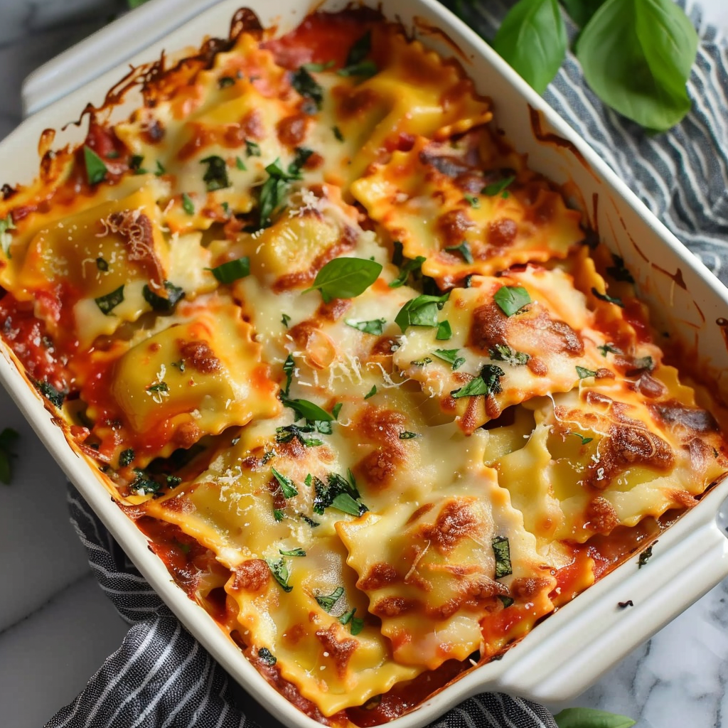 Cheesy Ravioli Bake with Marinara Mozzarella and Ricotta - The Tasty Fork