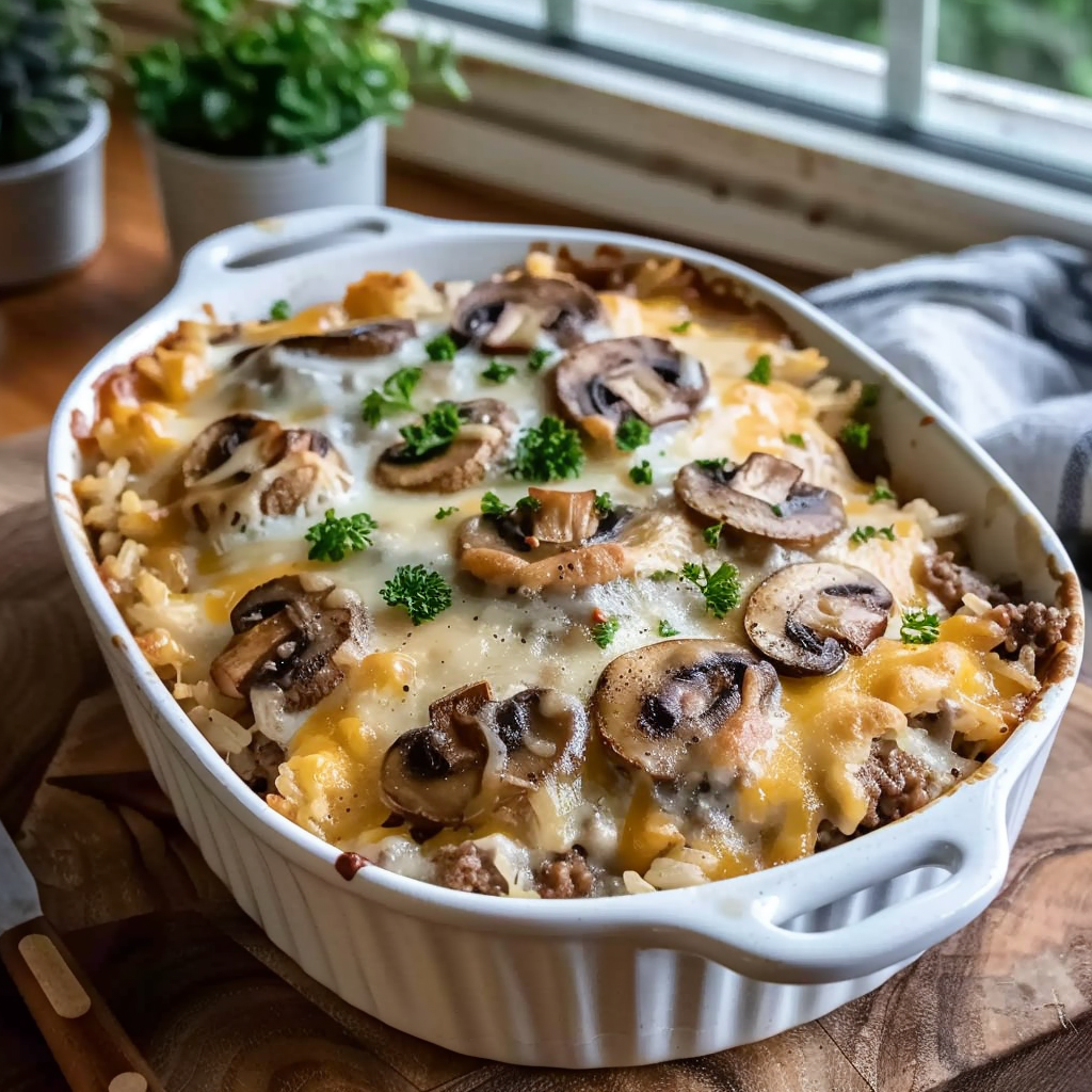 Creamy Beef and Mushroom Rice Bake Family Friendly Comfort - The Tasty Fork