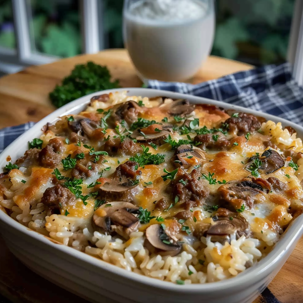 Creamy Beef and Mushroom Rice Bake Family Friendly Comfort - The Tasty Fork